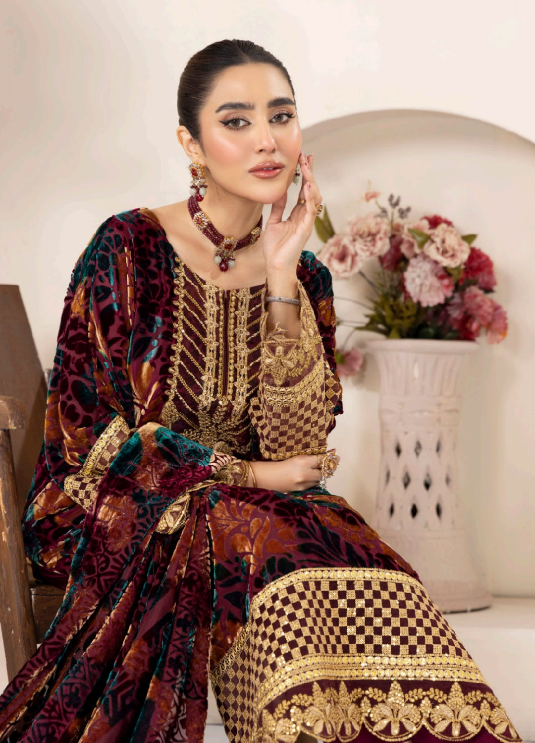 Adans Libas Velvet Embroidered - Awwal Boutique